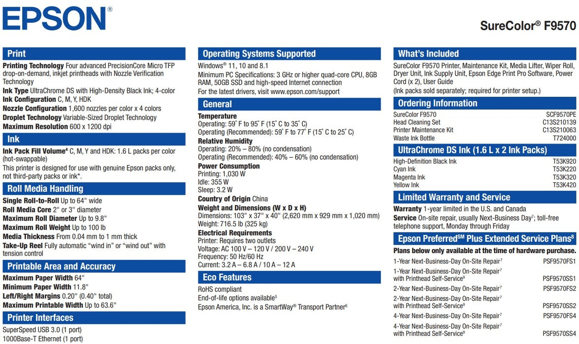 Epson SureColor F9570 Production Edition 64" Dye-Sublimation Printer ...